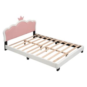 Merax Kid Full Upholstered Day Bed Frame with Crown Headboard, Wood Princess Low Platform Bed for Boys Girls,Easy Assemble White+Pink