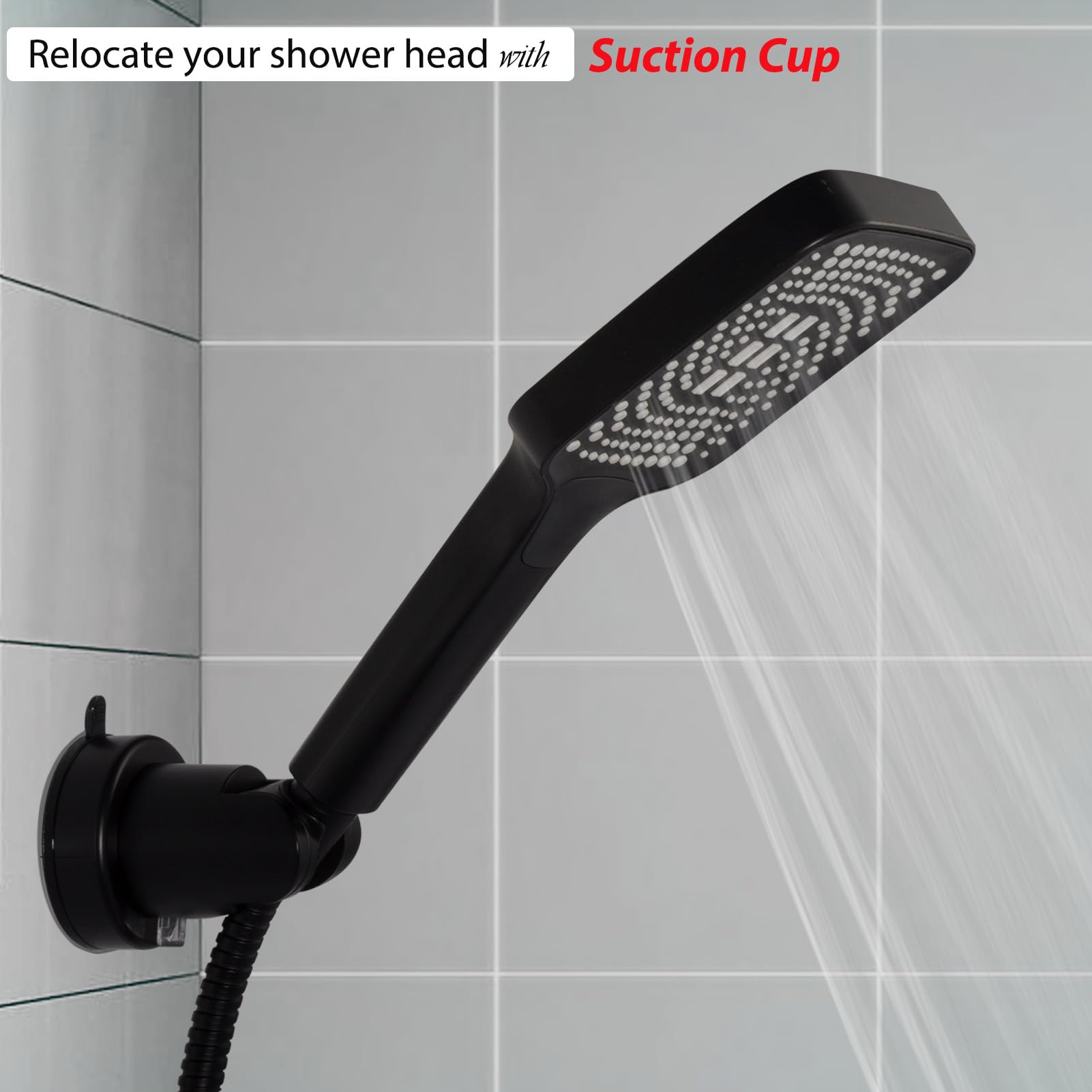 Handle held Shower Head Holder Suction Cup - Retachable - 5 Positions Adjustable - Bathroom Wall Mounted Shower Hose Holder - (Matte Black)