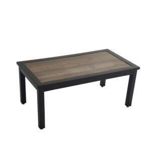 lokatse home outdoor rectangular metal coffee table patio furniture with wood grain top for backyard, deck, lawn, garden, black