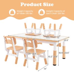 INFANS Kids Table and Chiar Set, Height Adjustable Toddler Desk and 4 Chairs with Graffiti Desktop Non-Slip Legs, Large 47" L x 23.5" W Multi-Activity Art Table for Daycare Classroom Home (Natural)