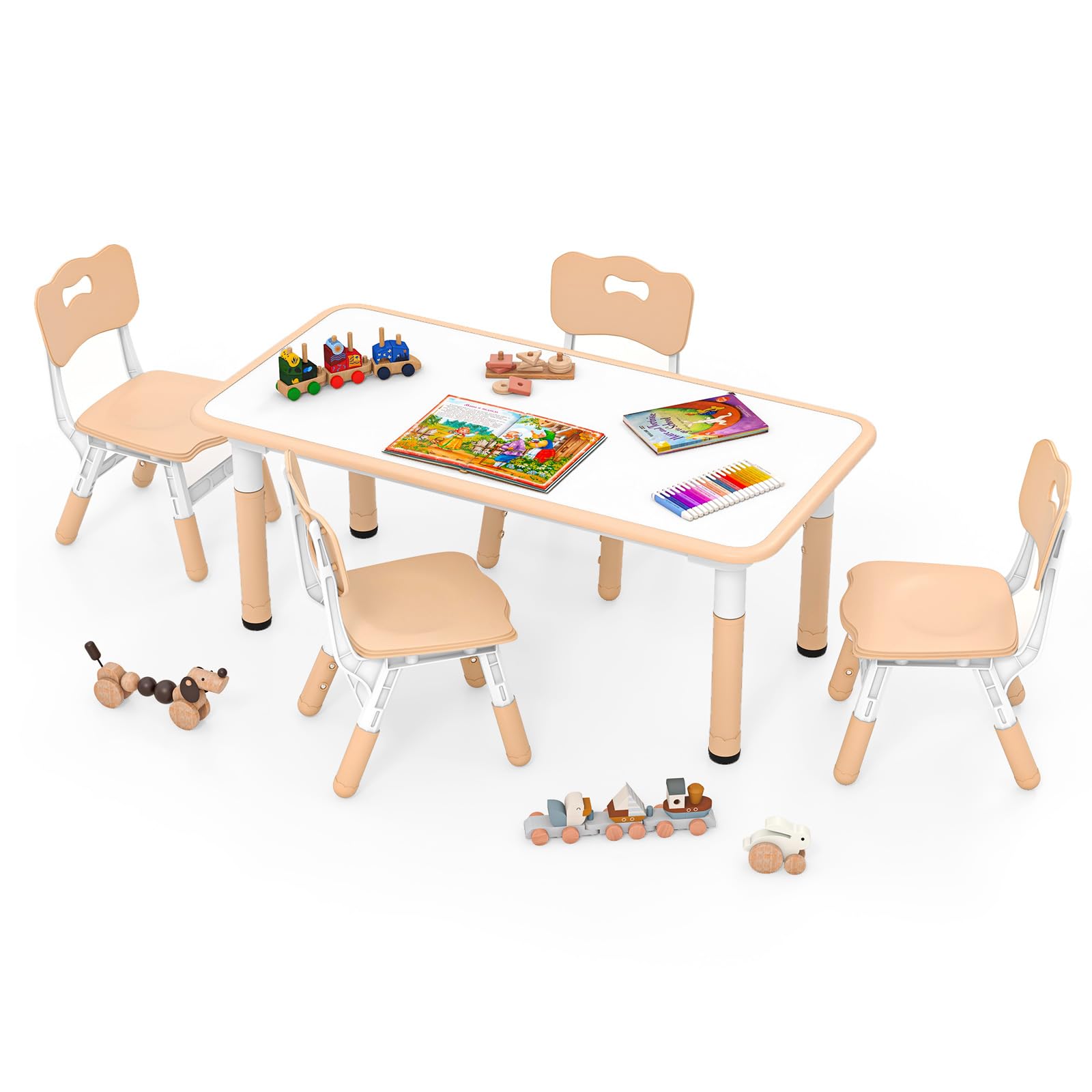 INFANS Kids Table and Chiar Set, Height Adjustable Toddler Desk and 4 Chairs with Graffiti Desktop Non-Slip Legs, Large 47" L x 23.5" W Multi-Activity Art Table for Daycare Classroom Home (Natural)