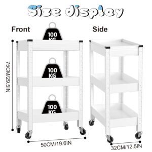 500lb 3 Tier Rolling Utility Cart, Heavy Duty Carbon Steel Shelving Unit Organizer Trolley with Wheels, Kitchen Storage Cart with Adjustable Shelves, Service Cart for Home Bathroom Laundry Room