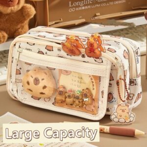 NAPIMICO Flip Top Pencil Case Cute Pencil Pouch with Kawaii Capybara Decors Makeup Bag Aesthetic Pen Holder Office Stationery (Brown)