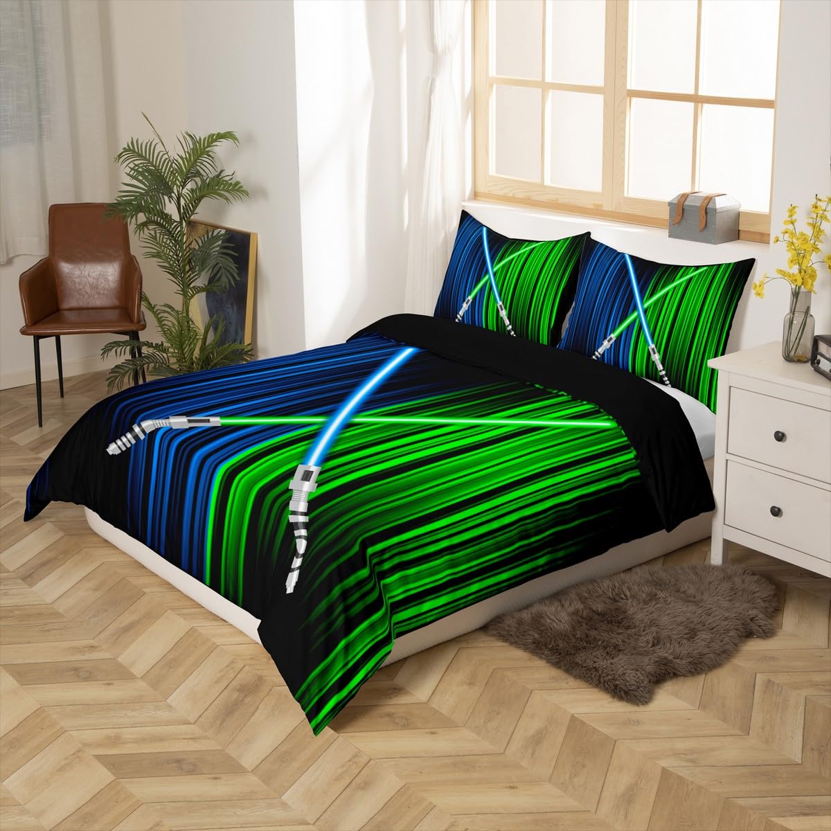 Feelyou Lightsaber Bedding Duvet Cover Set Kids Ombre Blue Green Reversible Bedding Set Abstract Comforter Cover Set for Room Decor Modern Striped Art Bedspread Cover Full Size with 1 Pillow Case