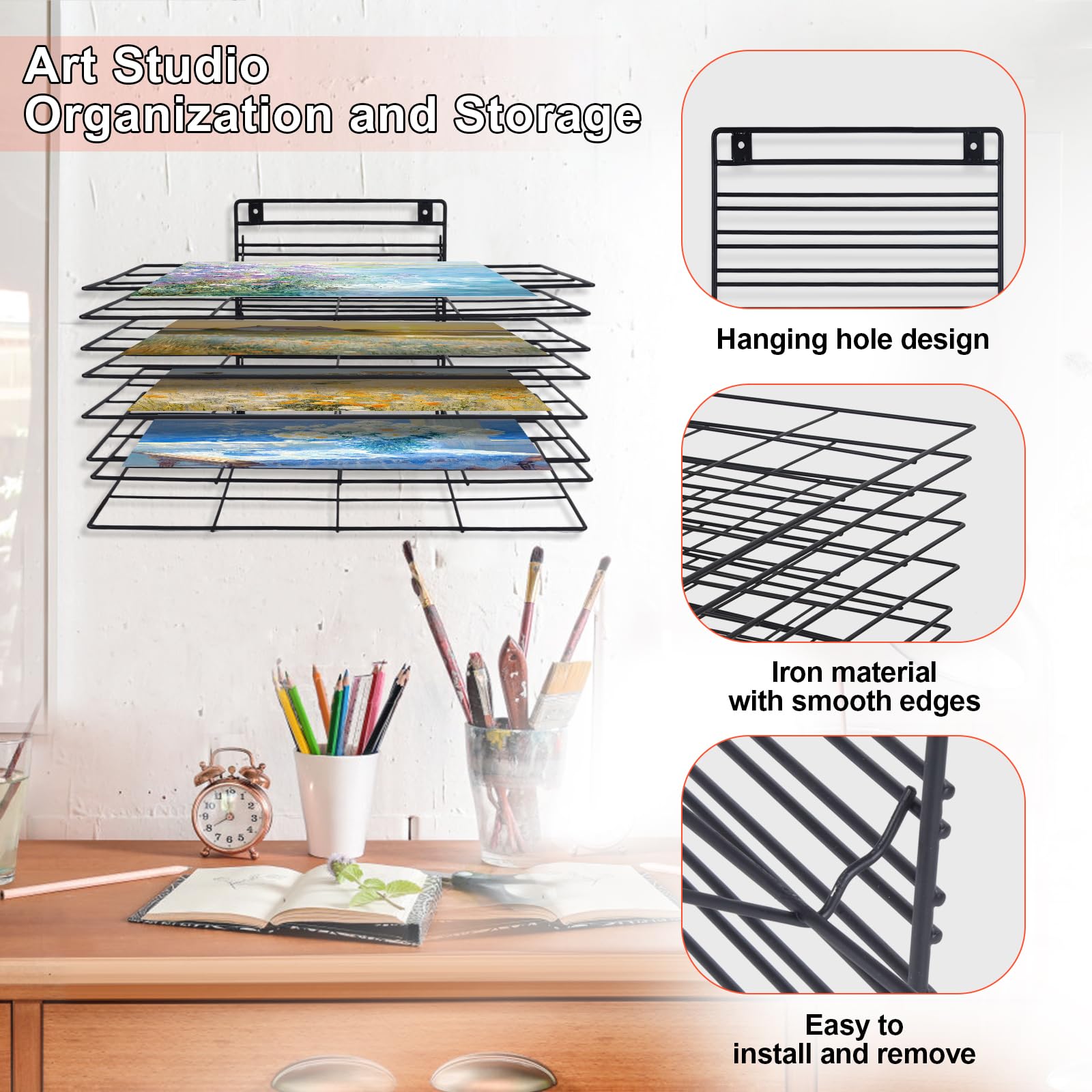 AshKiz Art Drying Rack, Small Hangable Paint Drying Rack, Wall Art Drying Rack with 8 Removable Shelves, Art Drying Rack with Screws for Classroom