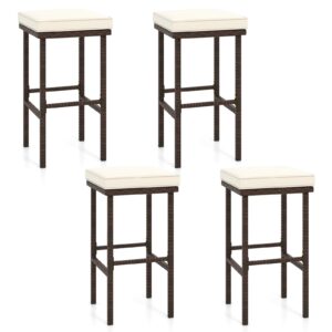 tangkula patio wicker bar stools set of 4, patiojoy outdoor bar height chairs w/seat cushions & footrest, heavy-duty metal frame, 400 lbs load bearing, backless pe rattan bar chairs