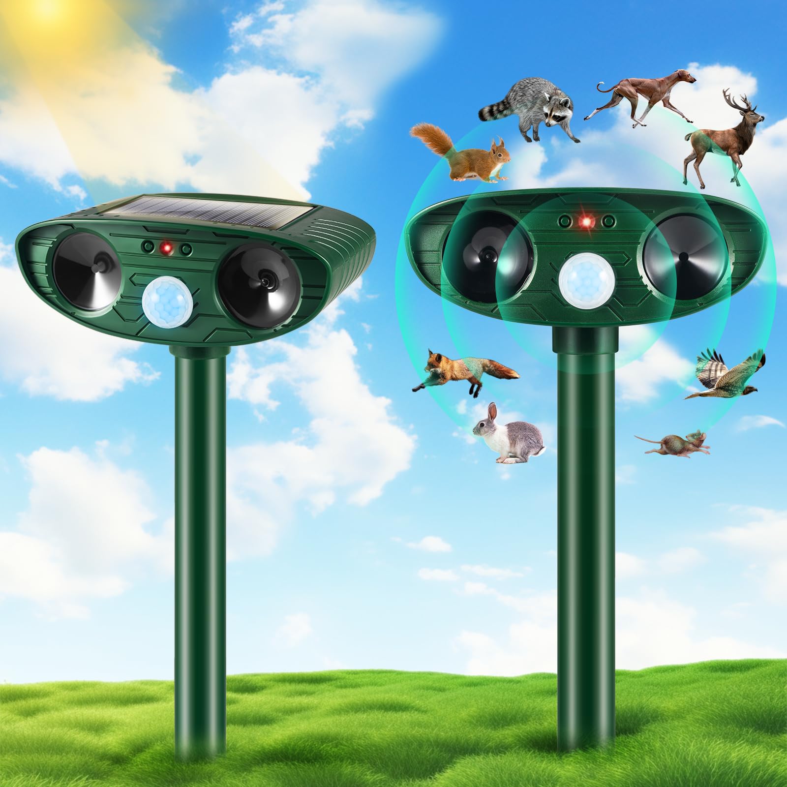 2 Pack Ultrasonic Animal Repeller Outdoor Electronic Deer Repellent Devices Cat Repellent Solar Animal Repeller with Motion Sensor to Scare Dog Squirrel Raccoon Rabbit Coyote Animal Deterrent for Yard