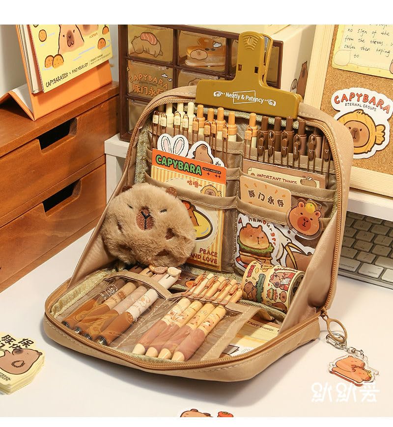 NAPIMICO Cute Capybara Pencil Case with 12 Compartments 90° Wide Opening Mouth Pencil Pouch with Kawaii Pins Plush Cute Stationery (Brown)