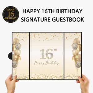 DARUNAXY Black Gold 16th Birthday Party Decorations, Happy 16th Birthday Alternative Signature Guest Book for Boys & Girls Sweet 16 Years Old Gifts 16 Birthday Signing Card Board Party Supplies