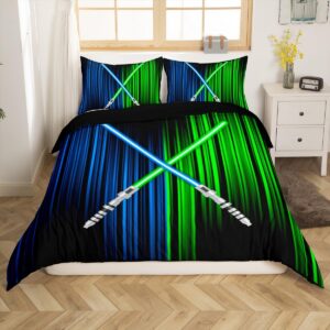 Feelyou Lightsaber Bedding Duvet Cover Set Kids Ombre Blue Green Reversible Bedding Set Abstract Comforter Cover Set for Room Decor Modern Striped Art Bedspread Cover Full Size with 1 Pillow Case