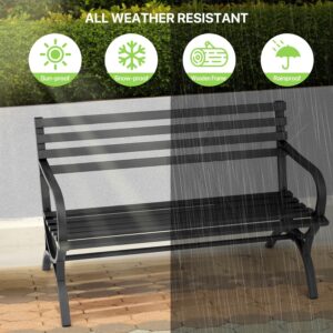 Magshion Metal Garden Bench for Outdoors, 2-Person Slatted Garden Bench with Armrest and Backrest, 485 lbs Capacity, Black