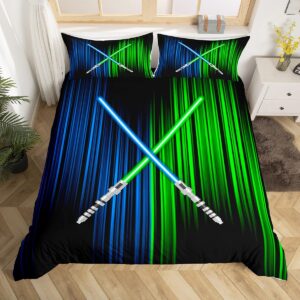 feelyou lightsaber bedding duvet cover set kids ombre blue green reversible bedding set abstract comforter cover set for room decor modern striped art bedspread cover full size with 1 pillow case