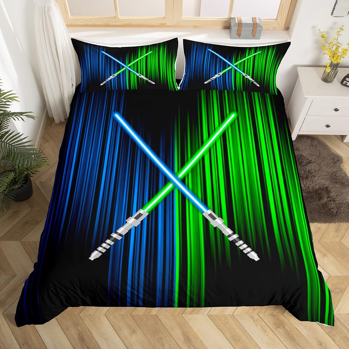 Feelyou Lightsaber Bedding Duvet Cover Set Kids Ombre Blue Green Reversible Bedding Set Abstract Comforter Cover Set for Room Decor Modern Striped Art Bedspread Cover Full Size with 1 Pillow Case