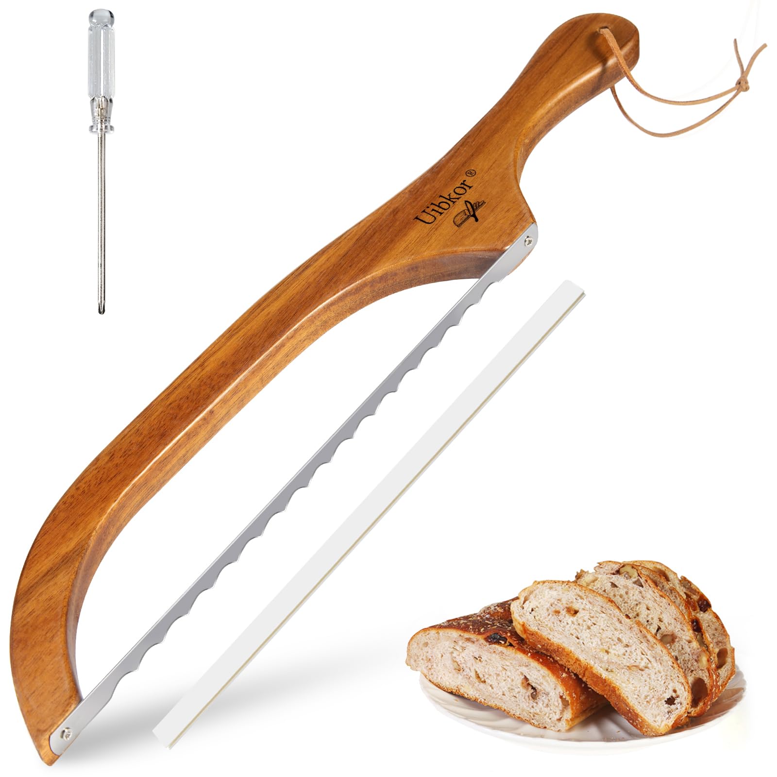 Uibkor Wooden Bread Bow Knife, 16" Serrated Bagel Knife, Serrated Sourdough Cutter, Premium Stainless Steel Serrated Saw Bread Cutter, Bread Slicer Knife for Homemade Bread, Bagels, Baguettes and More