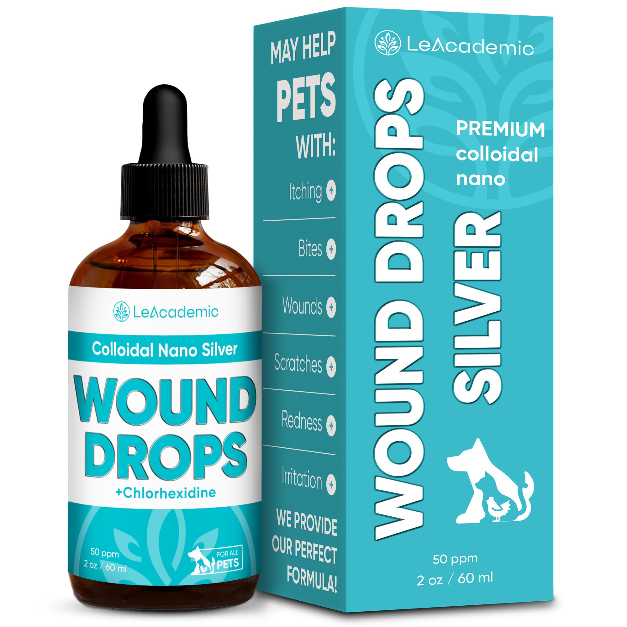 LeAcademic Dog Wound Care in Drops | Cat Wound Care + Chlorhexidine | Wound Care for Dogs with Colloidal Silver | Wounds, Itching, Irritation, Scratches, Bites | Great with Dog Cone | 2 Oz