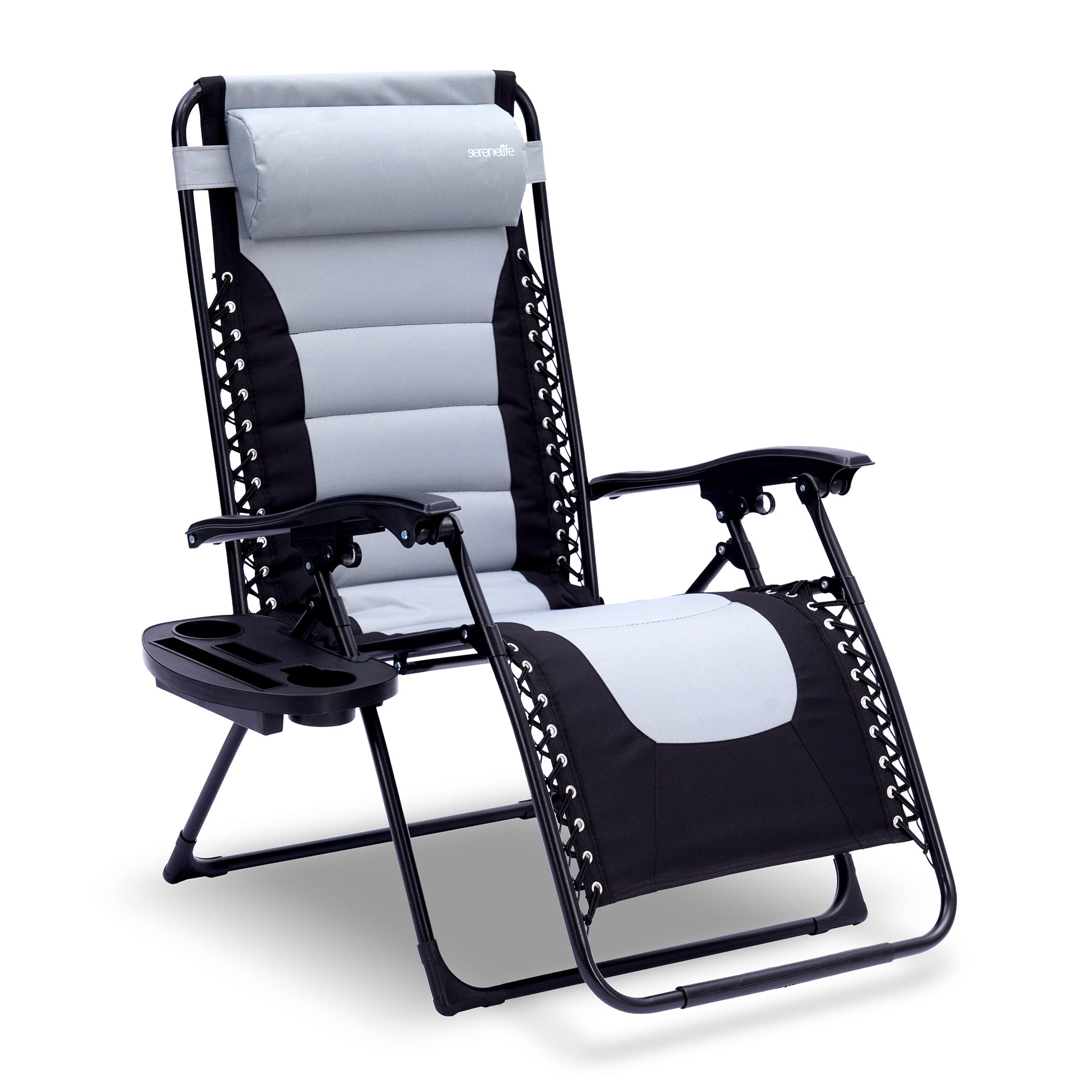 SereneLife SL1ZGRCP21.5 Outdoor Foldable Padded Zero Gravity Lawn Chair-Adjustable Recliners with Plastic Cup Holder Side Table and Pillow (Gray and Black)