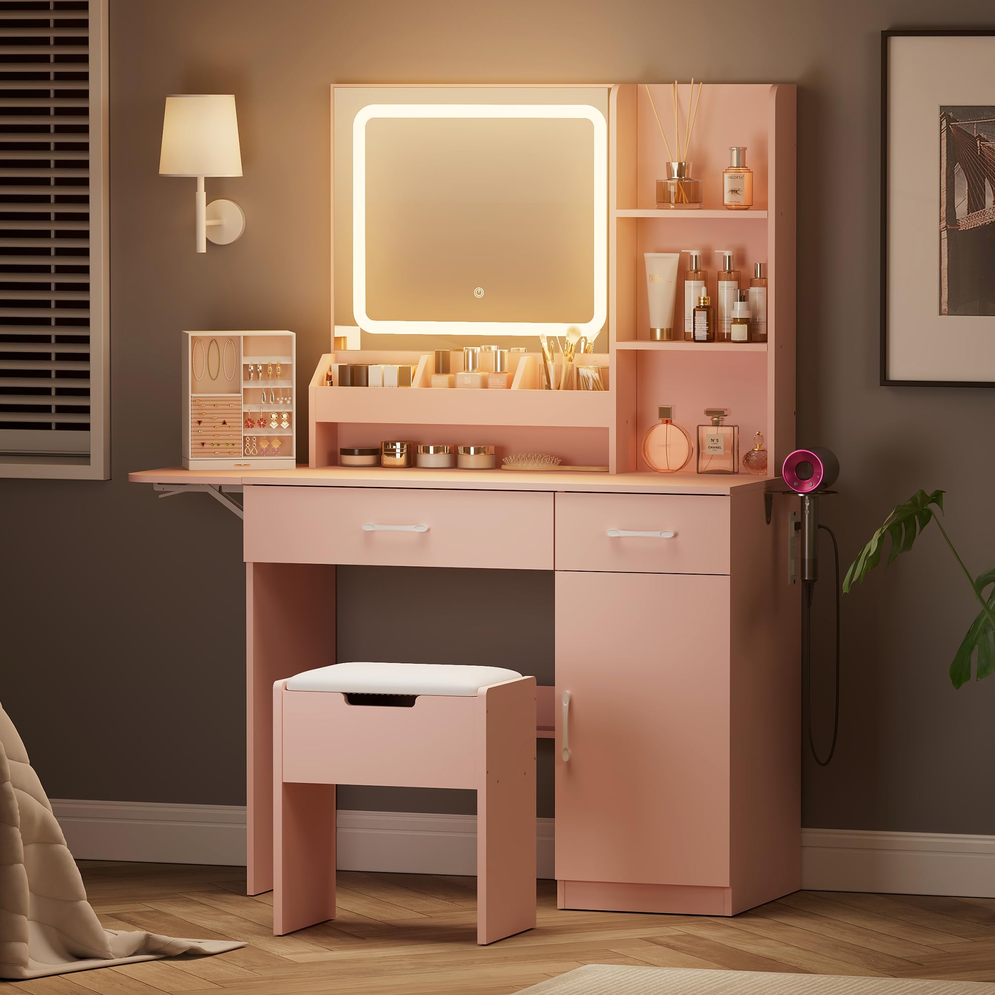 Dowinx Vanity Desk with Mirror and Light, Makeup Vanity with Power Outlet & Storage Stool, Vanity Table with 3 Drawers & 7 Open Shelves, Adjustable 3 Lighting Colors for Bedroom, Pink