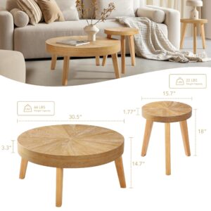 HOKYHOKY Farmhouse Round Coffee Table Set of 3, Boho Sofa Side Nesting Tables End Table Set with Wood Natural Finish for Living Room, Bedroom, Home Office,Natural