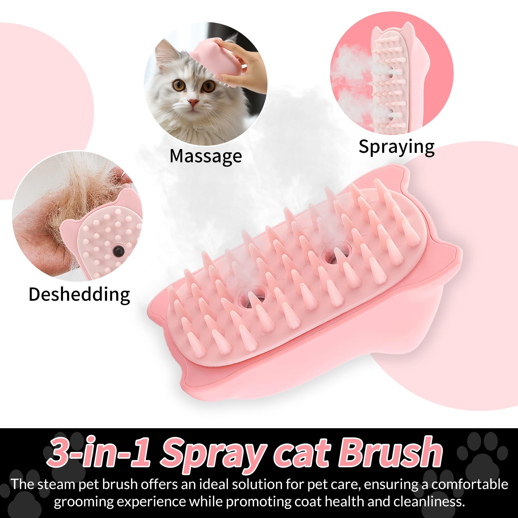 Cat Steam Brush, 3 in 1 Cat Steamy Brush for Shedding Grooming Brush With Steam, Rechargeable Silicone Pet Brush for Cat Dog Shedding, Massage, and Clean Comb -Pink