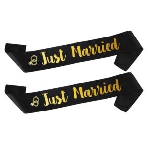 just married sash - 2 piece gold bride and groom sash set | wedding party decorations bridal shower engaged decor bachelorette favors supplies gift decor bachelor accessories engagement gifts ribbon