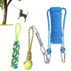 tree tugger dog toy, retractable dog bungee tug toy, tether tug outdoor dog toy, interactive tether tug of war toy with 32.8 ft rope, spring pole kit, 2 chew rope toys for pitbull medium, large dog