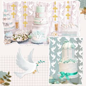 Wonderjune 12 Pcs First Holy Communion Baptism Decoration Gold and White Dove Cross Garland Banner for Wedding Bridal Baby Shower Engagement Religious Christian