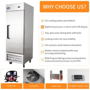 CHUMART 27" Commercial Freezer with Single Solid Door, 23 Cu.ft Fan Cooling Stainless Steel Upright Freezer, LED Lighting, 3 Shelves for Restaurant, Commercial Kitchen, Home,Bar, Shop, etc