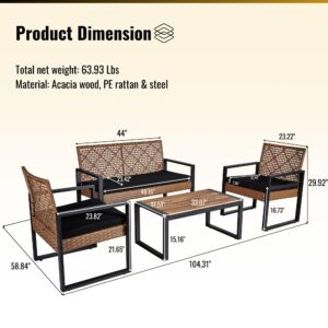 LUMISOL 4-Piece Patio Furniture Set, Outdoor Loveseat and Coffee Table for Balcony Porch Garden Backyard, Lawn Furniture Acacia Wood Table Top, Modern Black and Light Brown