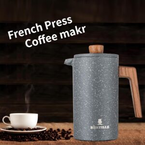 BERTILLE french press coffee maker, 34OZ 304 food stainless steel French press coffee maker with solid wood handle, double-layer insulation and 3-layer filtration system (starry sky gray)