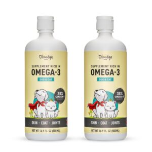 camelina oil for dogs & cats, 500ml by olimega farm | high in omega-3 & vitamin e | support for healthy joints, coat & skin | alternative to salmon oil for dogs | made in canada | pack of 2