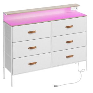 sangmucen 47.2" w white dresser for bedroom with charging station and led lights, 6 drawers dresser with pu finish, wide fabric dressers for closet, bedroom, hallway entryway, wood