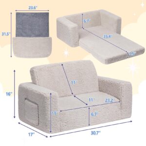 ALIMORDEN Fold Out Toddler Couch, Extra Wide Comfy 2-in-1 Cuddly Sherpa Sofa for Kids, with Removable Baby Friendly Blanket, Convertible Sofa to Bed, Light Grey