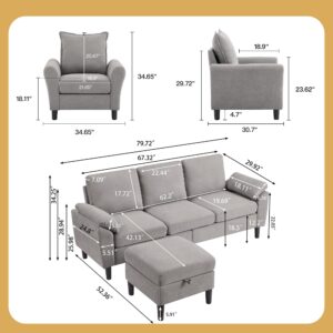 2 Piece Sectional Sofa Set, 3 Seat L Shaped Couches with Reversible Chaise Single Seat Accent Chair Polyester Fibre for Living Room, Light Grey