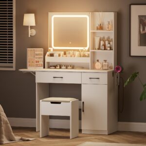 dowinx vanity desk with mirror and light, makeup vanity with power outlet & storage stool, vanity table with 3 drawers & 7 open shelves, adjustable 3 lighting colors for bedroom, white