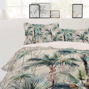 Lsrtoss Summer Palm Trees California King Duvet Cover Set, Vintage Botanical Tropical Leaves Microfiber 3 Piece Bedding Set with 2 Pillowcases & 1 Quilt Cover, 92" W x 106" L, California King Size