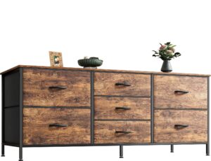 huuger dresser with 7 drawers, 47 inch dresser tv stand for 43, 50, 55 inch tv, wide fabric dresser chest of drawers, metal frame, storage dresser for bedroom, nursery, clothing, rustic brown