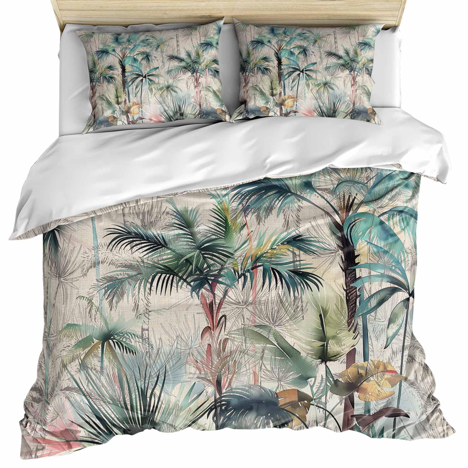 Lsrtoss Summer Palm Trees California King Duvet Cover Set, Vintage Botanical Tropical Leaves Microfiber 3 Piece Bedding Set with 2 Pillowcases & 1 Quilt Cover, 92" W x 106" L, California King Size