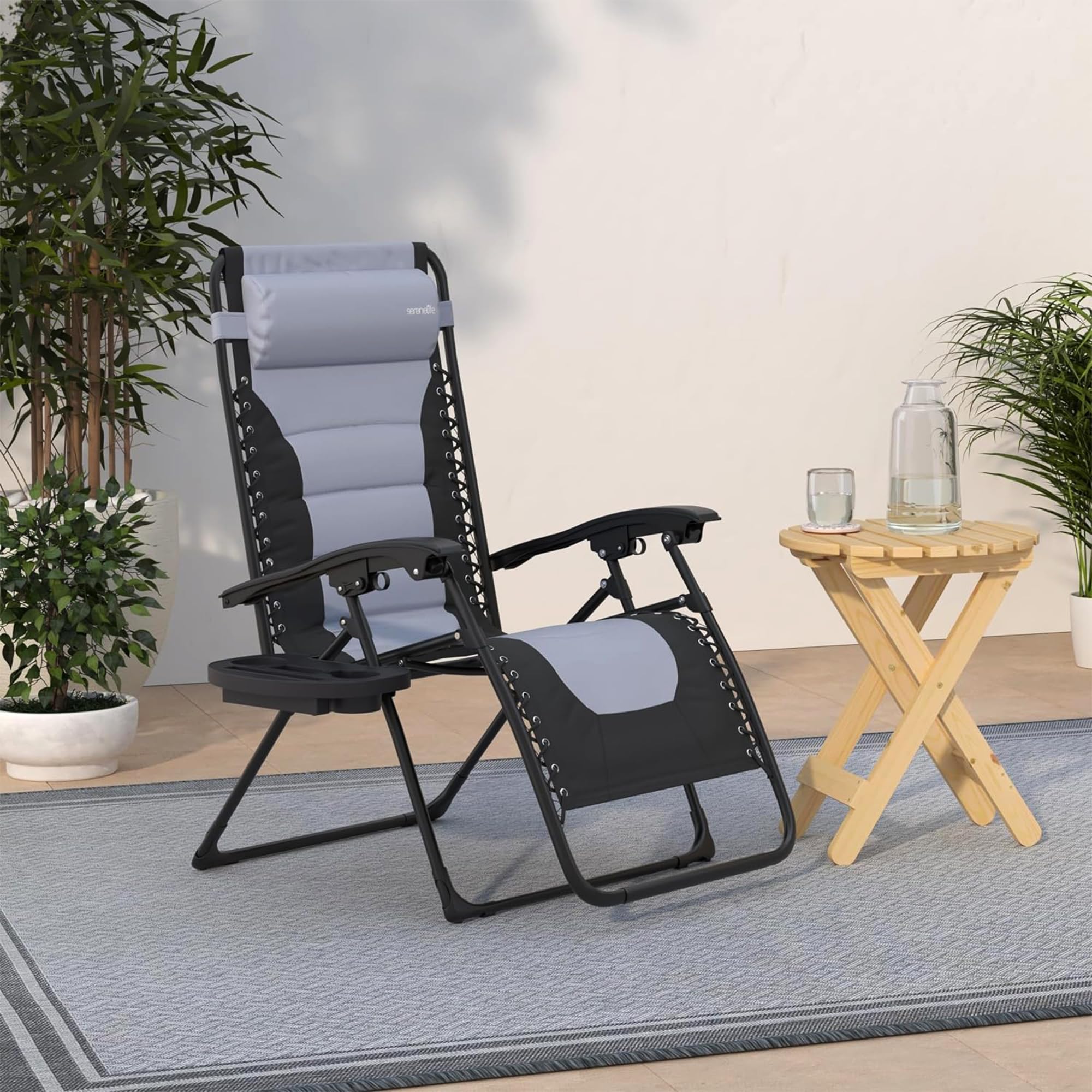 SereneLife SL1ZGRCP21.5 Outdoor Foldable Padded Zero Gravity Lawn Chair-Adjustable Recliners with Plastic Cup Holder Side Table and Pillow (Gray and Black)