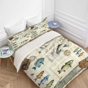 jerkboo Fishing Bedding Set Fishing Duvet Cover Twin Full Queen King Size Comforter Cover for Kids Adults Men Women Fishing Theme Quilt Cover Decorative Soft Bedding Set with 2 Pillowcases