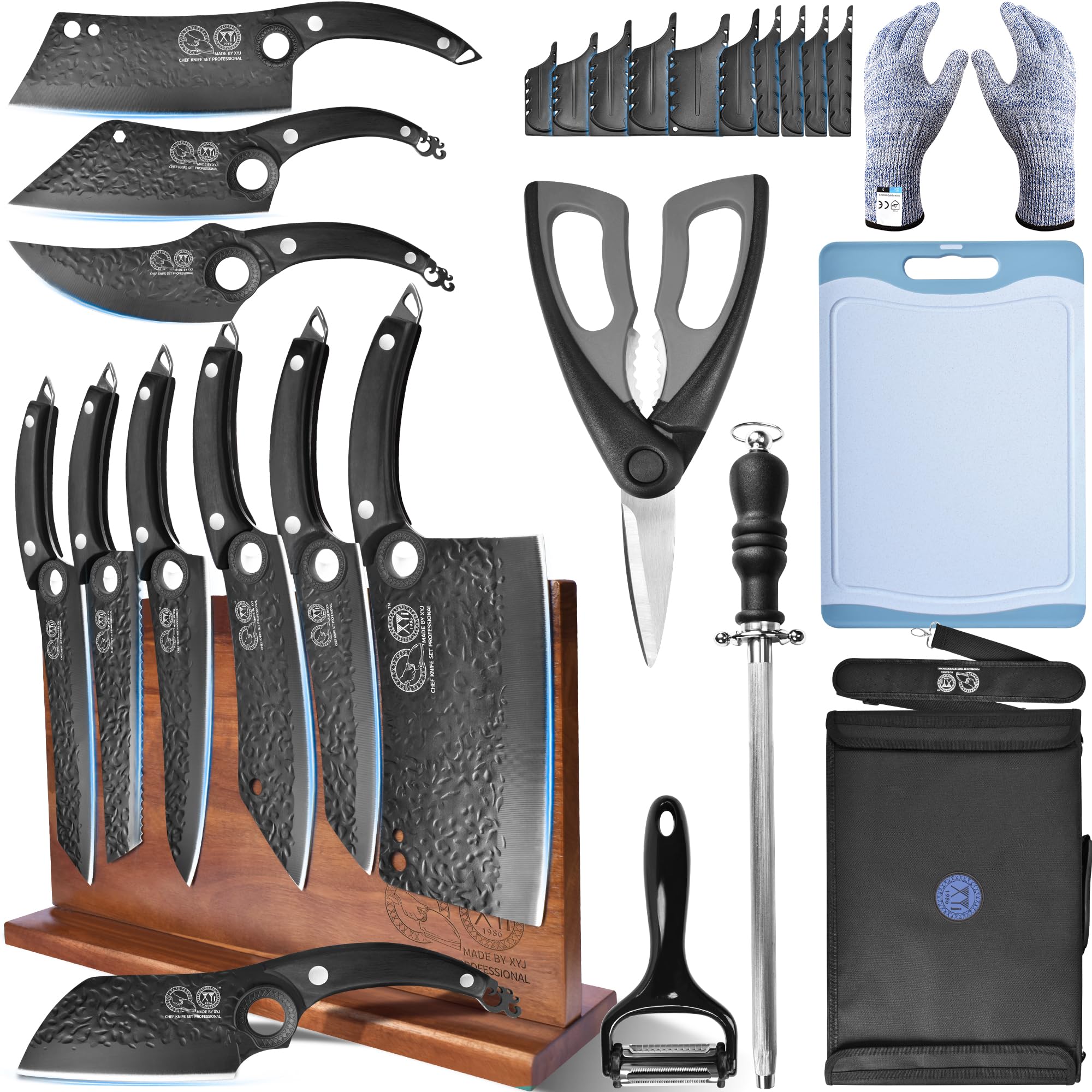 XYJ Professional Black Kitchen Knife Set with High-Carbon Steel Forged Blades, Chef's Knife, Cleaver, Carving Knife, Nakiri, Includes Carrying Bag & Poultry Scissors,Gift Bag Christmas Gifts