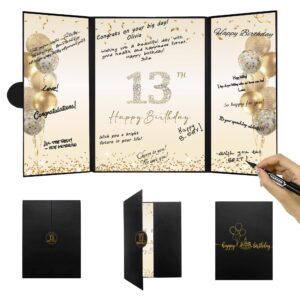 darunaxy black gold 13th birthday party decorations, happy 13th birthday alternative signature guest book for boys & girls sweet 13 years old gifts 13 birthday signing card board party supplies