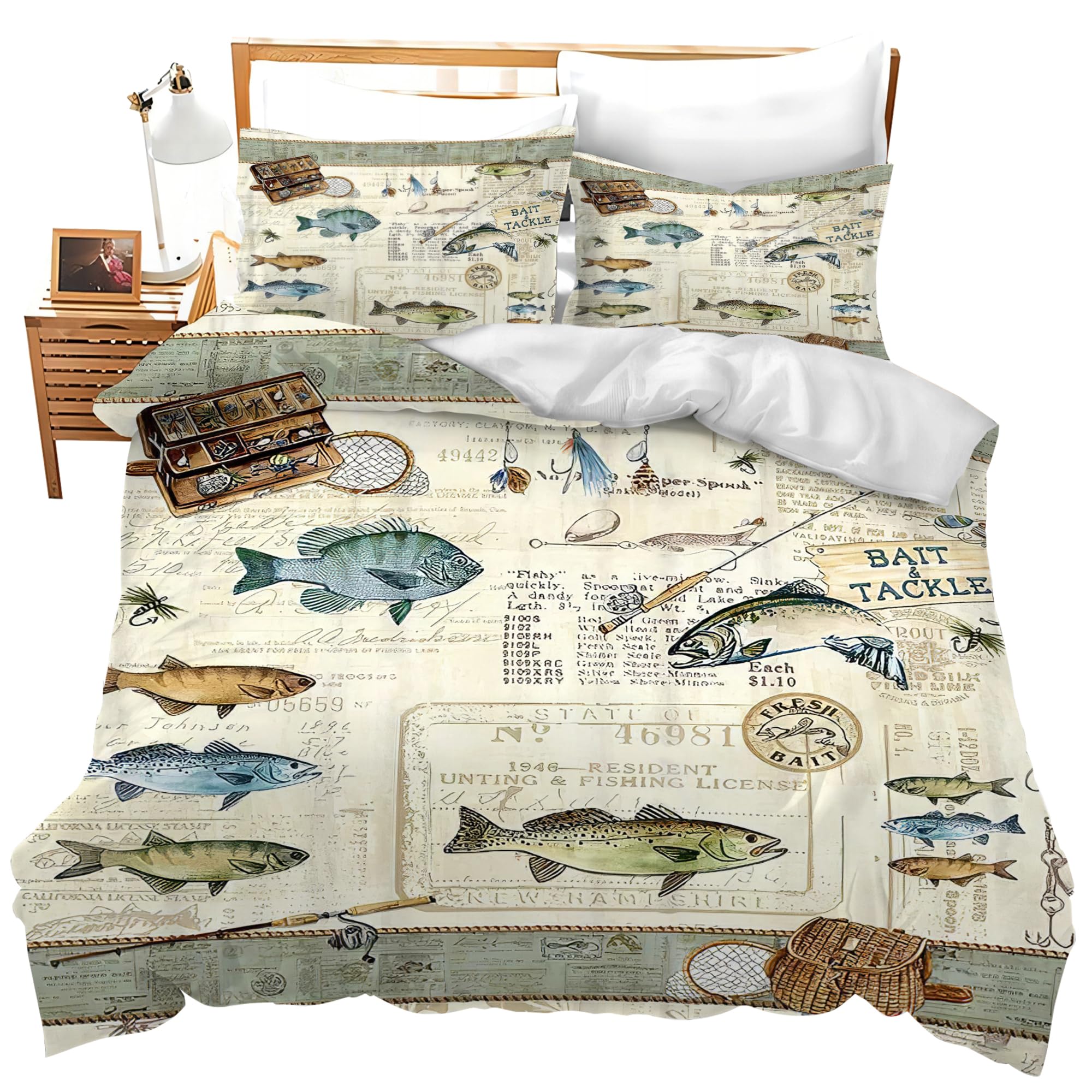 jerkboo Fishing Bedding Set Fishing Duvet Cover Twin Full Queen King Size Comforter Cover for Kids Adults Men Women Fishing Theme Quilt Cover Decorative Soft Bedding Set with 2 Pillowcases