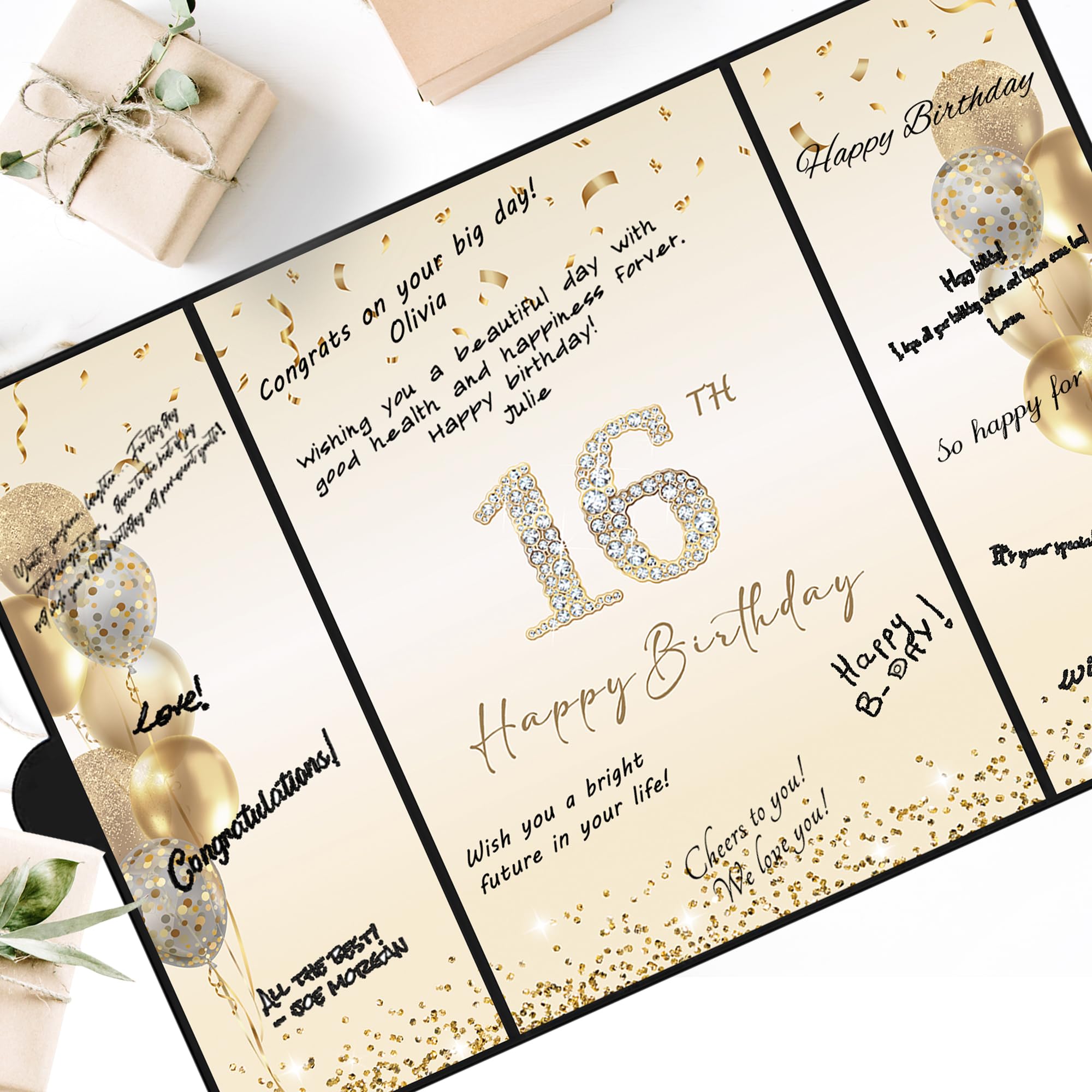 DARUNAXY Black Gold 16th Birthday Party Decorations, Happy 16th Birthday Alternative Signature Guest Book for Boys & Girls Sweet 16 Years Old Gifts 16 Birthday Signing Card Board Party Supplies