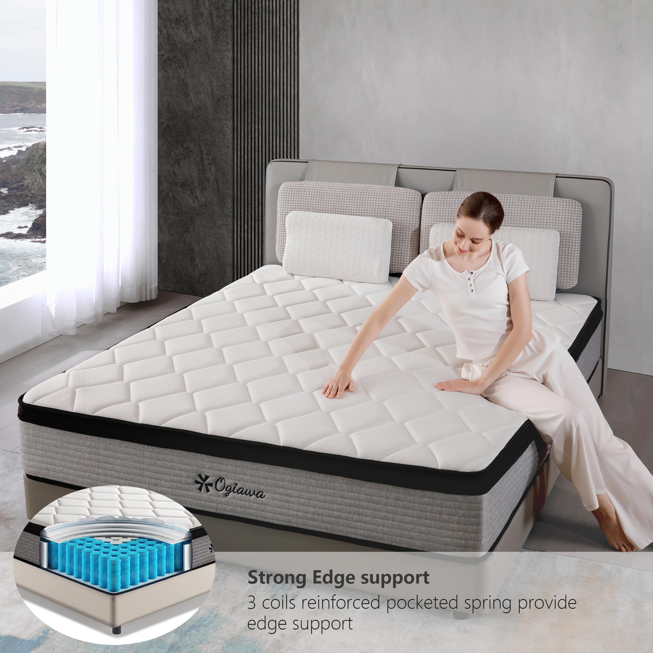 OGlAWA 12 Inch Full Mattress Memory Foam and Spring Hybrid Mattresses,Medium Firm Feel Grey Mattress in a Box,Quality Comfort and Adaptive Support Breathable Cooling Full Mattresses. (12, Full)