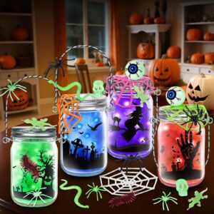 ShyLizard 4Pack Halloween Crafts for Kids, Halloween Mason Jar with Accessories, Halloween DIY Arts and Crafts Kits for Kids Age 3 4 5 6 7 8 9 10 Years, Halloween Craft and Art Party Supplies