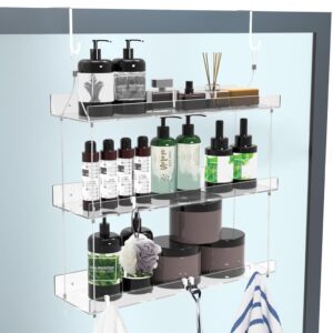 laapee over the door shower caddy, hanging shower organizer shelves for bathroom door, 3-tier acrylic shower rack, rustproof & waterproof storage shelf with 5 hooks