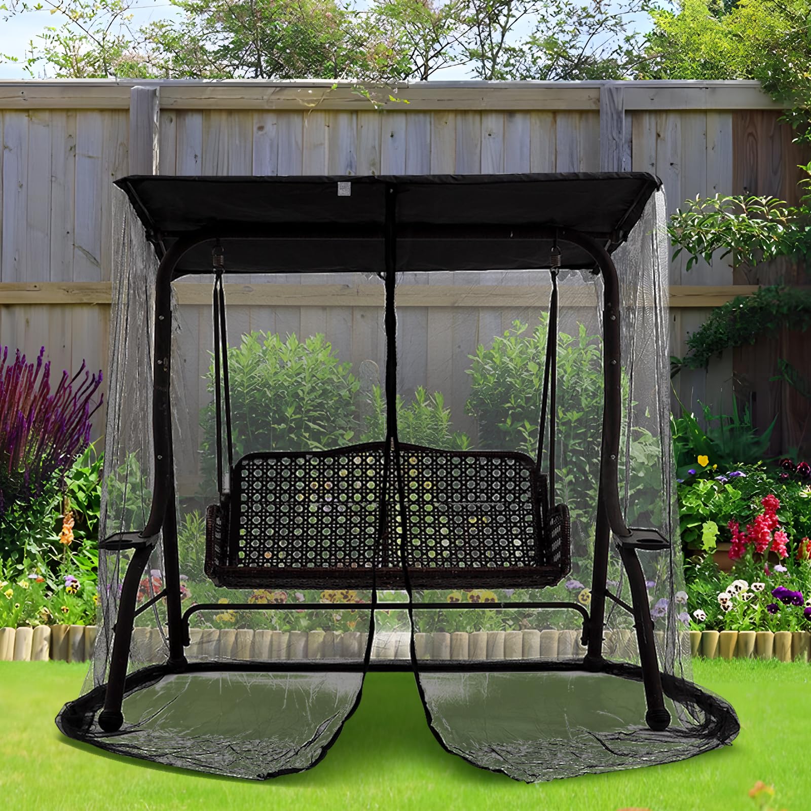 Aepiraza Mosquito Netting for 3 Person Swing, Black Patio Swing Mosquito Netting Outdoor Mesh Screen with Zipper Opening and Roof Waterproof Tent, Outdoor Patio Netting Screen for Porch 2/3 Seater