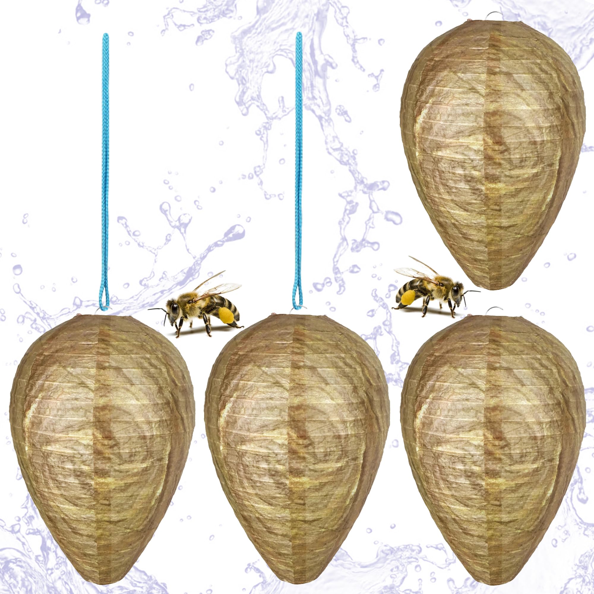 Waterproof Wasp Nest Decoy Hanging Wasp Nest 4 Pack with Adjustable Hanging Strings (4 Pcs) | Stay Away from Wasps Hornets Yellow Jackets | Waterproof for Ourdoor, Home, Backyard and Garden