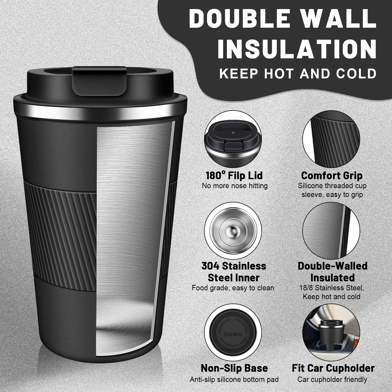 Insulated Coffee Tumblers with Flip Lid 12oz / 17oz, Stainless Steel Travel Coffee Mug Leak Proof, Vacuum Insulated Coffee Mug Thermos Cup, Keeps Cold and Hot for Coffee Tea