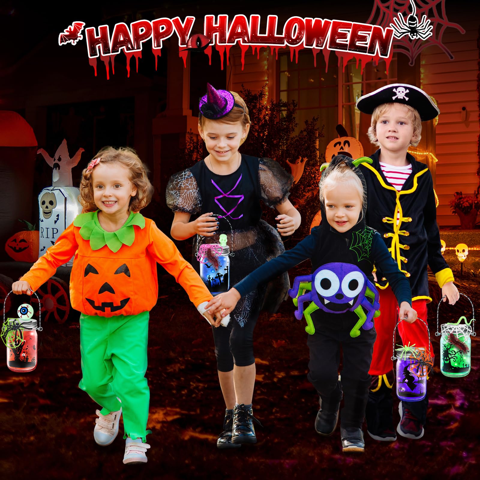 ShyLizard 4Pack Halloween Crafts for Kids, Halloween Mason Jar with Accessories, Halloween DIY Arts and Crafts Kits for Kids Age 3 4 5 6 7 8 9 10 Years, Halloween Craft and Art Party Supplies